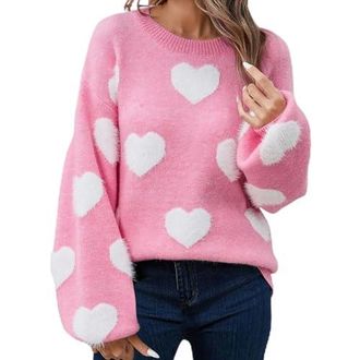 Generic Pull &agrave; col rond pour femme - Pull en tricot surdimensionn&eacute; - Automne - Hiver - T-shirts - Haut pour fille - Pull de Saint-Valentin - Pull pour femme -