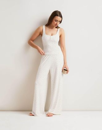 Tala Pantalon de pyjama confortable large et doux en maille pointelle avec cordons de serrage - Ivoire-Blanc