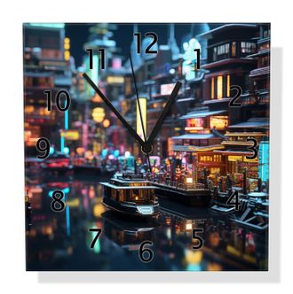 Wallario Design-Wanduhr Stadt bei Nacht aus Glas, Motiv-Uhr Größe 30 x 30 cm, Schwarze Zeiger