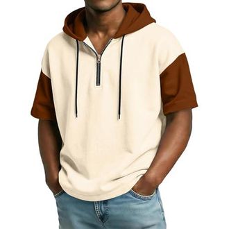 Generic DENGJIAMY Sweat &agrave; capuche &agrave; manches courtes pour homme, t-shirt &agrave; fermeture &eacute;clair 1/4, hauts d&eacute;contract&eacute;s, patchwork grande taille, v&ecirc;tements d&eacute;t&eacute;, b
