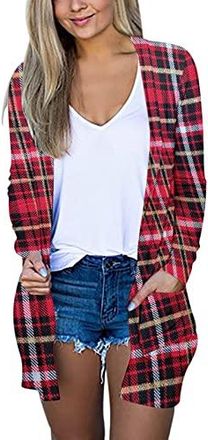 Generic Cardigan &agrave; carreaux vintage pour femme, cardigan basique ouvert sur le devant avec poches, cardigan confortable et doux &agrave; manches longues, cardigan d&eacute;