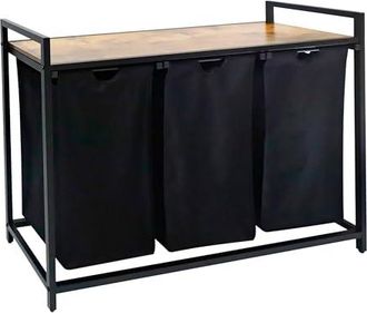 Relaxdays W&auml;schesammler mit 3 W&auml;sches&auml;cke, 150 L, Holzoptik Ablage, HBT: 73,5 x 109,5 x 33cm, W&auml;schekorb, schwarz/natur