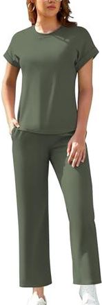 SHEKINI Surv&ecirc;tement pour femme - Manches courtes - Col rond - Couleur unie - Deux pi&egrave;ces - Tenue d&eacute;contract&eacute;e avec poches, vert olive, S