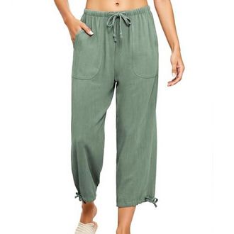 Generic Pantalon en coton et lin pour femme - Jambe large - Pantalon de plage d&eacute;t&eacute; pour femme - Confortable - Pantalon de yoga Palazzo XIYU26083, vert fonc&eacute;, 
