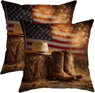Generic Patriotische, Rustikale Cowboy-Stiefel Und Hut Kissenh&uuml;llen 2Er Waschbar Kissenbezug Reissverschluss Kissen Bezug F&uuml;r Auto Wohnzimmer Bett 45X45Cm