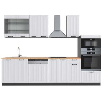 Vicco K&uuml;chenzeile Fame-Line, Wei&szlig; Landhaus/Anthrazit, 300 cm mit Hochschrank, ap Eiche