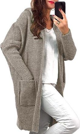 Onsoyours Femme Hiver Cardigan Long Tricot Veste Ouvert Épais Manches Longues Pull Gilet Chaud Capuche Manteau Sweater Chandail Outwear A Kaki XL