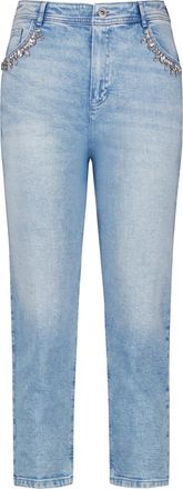 Taifun Damen 7/8 Jeans mit Strasssteinen Mom Fit unifarben, Washed-Out-Effekt 7/8 Länge Bleached Blue Denim 38
