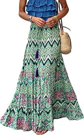 Onsoyours Jupe Longue Femme Elegent Ete Taille Elastique Maxi Jupe Fluide Boho Rétro Mode Élégant Imprimé Floral Jupe Plissee Trapeze C Vert M