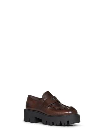 Prada Womens Loafers Brushed Leather Teak Brown Calf
