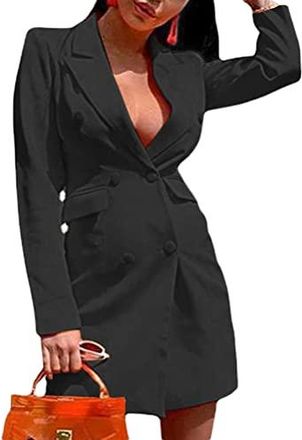 Onsoyours Robe Blazer Femme Sexy Col en V Double Boutonnage Tailleur Cintr&eacute;e &Agrave; Manches Longues Couleur Unie Robe Moulante El&eacute;gante Slim Fit Mini Robe A Noir XL