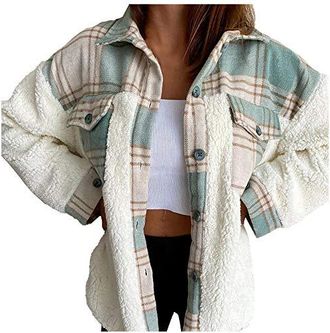 Generic Veste chaude &agrave; boutons pour femme avec revers &agrave; carreaux patchwork 2026, Vert, S