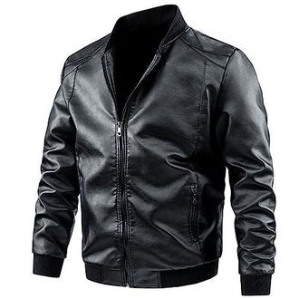 Generic Veste de motard en cuir pour homme - Blouson bomber en cuir &agrave; col montant et manches longues vintage classique en cuir avec fermeture &eacute;clair - Manteau