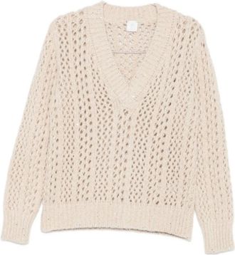 Eleventy Femme, Pulls, Beige, Taille: 38 FR Pull Beige à Paillettes Col en V