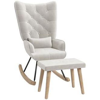 HOMCOM Fauteuil &agrave; bascule avec tabouret, fauteuil de relaxation avec coussin, aspect velours, fauteuil &agrave; oreilles avec pieds en bois pour chambre &agrave; coucher, 