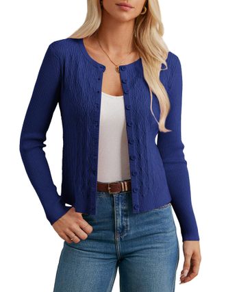 Grace Karin Damen Strickmantel Langarm Rundhals Casual Kurz Strickjacke Cardigan Sweater Blazer K&ouml;nigsblau S