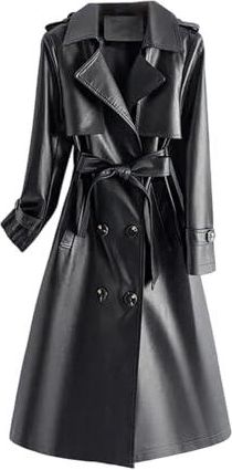 Generic Manteau Trench Femme Automne Hiver Cuir Peau de Mouton - Classique Revers Long Loose Oversize Veste avec Ceinture, Noir, L