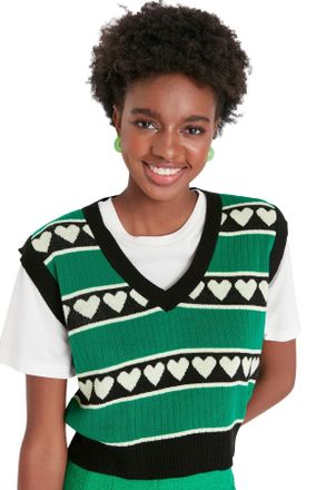 Trendyol Trendyol Womens V-Ausschnitt Gestreift Regular Bluse Shirt, Brown, Large