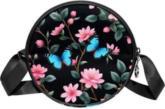 Generic Petit sac &agrave; bandouli&egrave;re circulaire pour femme, motif papillons et fleurs, sac &agrave; dos &agrave; bandouli&egrave;re r&eacute;glable avec fermeture &eacute;clair, sac &agrave; main rond d&eacute;co