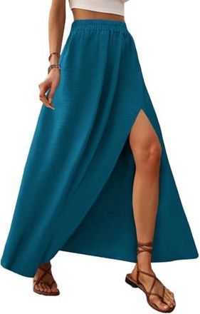Zeagoo Jupe Longue Femme Été Maxi Décontractée Jupes Taille Haute Uni Chiffon Jupe Fluide A Ligne Aérée Jupon de Plage Skirt Longue avec Fente Bleu Paon XXL