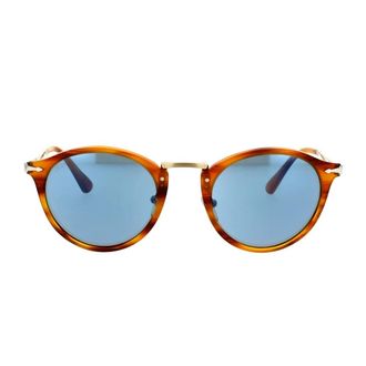 Persol unisex, Accessoires, Brun, Taille: 51 MM Lunettes de Soleil Uniques Marron &agrave; Rayures Verres Bleus