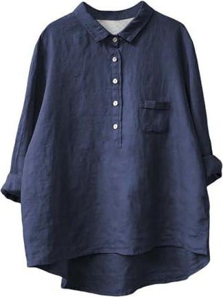 Generic Chemise pour Femmes Coton Et Lin Chic Casual Chemises D&eacute;t&eacute; Manche Longue &Agrave; Col V Loose Hauts Leger Comfy Tuniques &Agrave; La Mode Coton Et Lin Grande Taille