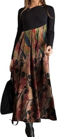 Onsoyours Femme Manches Longues Décontracté Imprimé Floral Robe Trapèze Mi Longue Vintage Robe à Taille Imprimée A11 XXL
