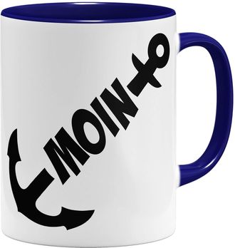 OM3 Moin mit Anker - Tasse Guten Morgen - Keramik Becher - 11oz 325ml - Beidseitig Bedruckt - Dunkelblau