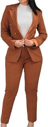 Generic Ensemble 2 pièces pour femme avec blazer et pantalon à double boutonnage pour le travail, le bureau, les tenues décontractées, café, M