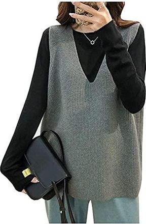 Minetom Pull sans Manche Col V Femme Gilet en Tricot Automne Hiver Débardeurs Chandail Bureau Pullover Tops Hauts B Gris S