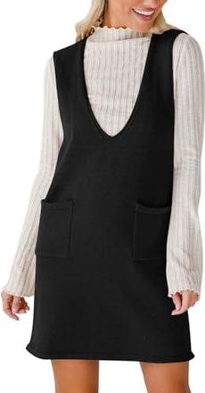 Generic Robe pull courte sans manches avec col en V et double poche pour femme, robe d&eacute;t&eacute;, robe ample, style boh&egrave;me, robe ample, essentiels de vacances pour f