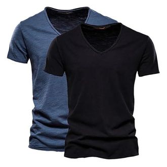 Generic Lot de 2 t-shirts d&eacute;t&eacute; &agrave; col en V pour homme - En coton - L&eacute;g&egrave;rement ajust&eacute; - Manches courtes - Couleur unie - D&eacute;contract&eacute; - Doux et confortable - T-s