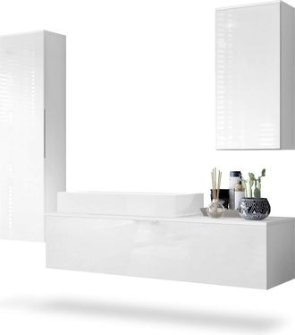 Vladon Badm&ouml;bel Komplettset Beach, Made in Germany, Korpus in Wei&szlig; matt/Fronten in Wei&szlig; Hochglanz, mit Aufsatzwaschbecken