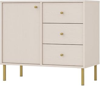 Selsey Kommode Sandbeige Mit Schubladen 73,9x83,6x40,8 cm - Moderne Oktio-Möbelkollektion - 1 Tür, 3 Schubladen - Laminierte Spanplatte - Goldene Metallfüße 