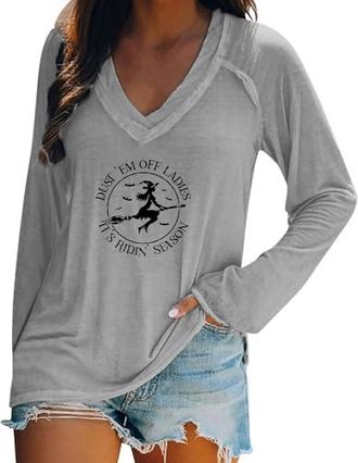 FNKDOR Pull Shirt Femme D&eacute;bardeurs Basique T-Shirts Col en V Profond Sweat-Shirts Imprim&eacute; Blouses &agrave; Manches Longues L&acirc;ch&eacute; Chic Tee-Shirt Grande Taille Tuniqu