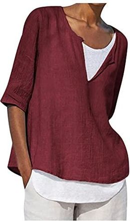 Generic T-shirt en coton pour femme - Coupe ample - Haut en lin &agrave; manches courtes et col en V - Manches 1/2 - &Eacute;paules tombantes - &Eacute;l&eacute;gante et l&eacute;g&egrave;re - Coupe d