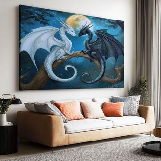 Generic Leinwand Bilder Wandbilder Wohnzimmer, Badezimmer Bilder 120 x 80 cm Schwarzer wei&szlig;er Drache Fantasy Vlies Leinwand Gem&auml;lde Wandgem&auml;lde Zimmer Deko au