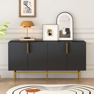 Generic LZPOUOI Sideboard Kommode Schwarz 4 T&uuml;ren Anrichte mit Wellen-Struktur Buffetschrank Gold Design Viel Stauraum K&uuml;chenschrank Lackiert Stabil Beistells