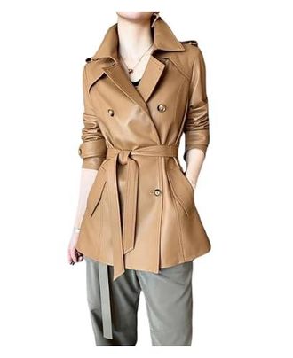 Generic Trench-coat en cuir v&eacute;ritable pour femme - Veste mi-longue en peau de mouton ceintur&eacute;e &agrave; revers crant&eacute; &agrave; double boutonnage, EN8, M