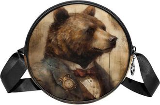 Generic Sac &agrave; bandouli&egrave;re rond pour femme, motif ours vintage, petit sac &agrave; bandouli&egrave;re avec fermeture &eacute;clair, bretelles r&eacute;glables, sac &agrave; main rond d&eacute;contract&eacute;