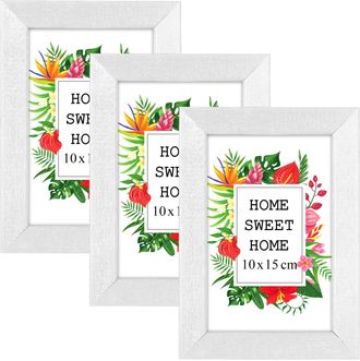 MG Design Set aus 3 Weiß Bilderrahmen A6 10 x 15 cm - Aus echtem Holz mit Acrylglas, zum Aufhängen & Aufstellen, für Fotos, Poster & Puzzle