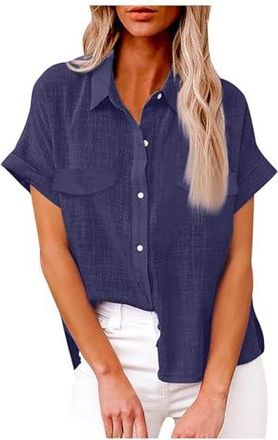 Generic Chemise en lin pour femme boutonn&eacute;e d&eacute;contract&eacute;e col en V manches courtes chemises amples surdimensionn&eacute;es en coton m&eacute;lang&eacute; haut tendance chemisier, v
