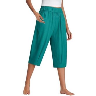 Generic Pantalon court en coton et lin pour femme en &eacute;t&eacute; ample grande taille en lin taille &eacute;lastique petits pieds sarouel polyvalent d&eacute;contract&eacute; pantalon cour