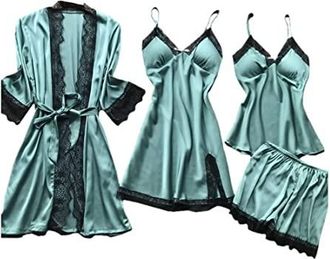 Minetom Ensembles de Pyjama 4 Pièces Femme Satin Peignoir Vêtements de Nuit Dentelle Col V Débardeur et Shorts Robe et Kimono A Bleu Clair S