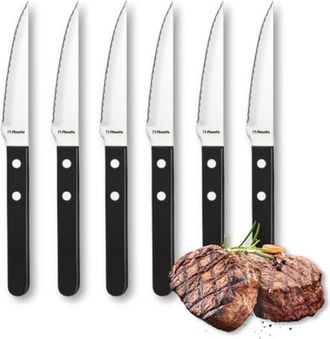 Amefa Pizza 7000 Steakbesteck, 6 x Steakmesser, Messer mit Wellenschliff für 6 Personen, Klingenstahl 13/0, Schwarze genietete Kunststoff-Griffe, Für Steak,