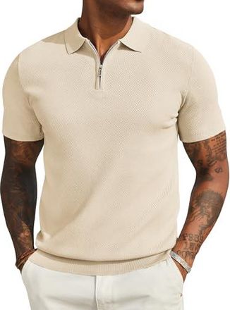 Coofandy Polo Homme Manches Courtes Été Tricoter Polo T-Shirts avec Fermeture Éclair Occasionnel Hommes Golf T Shirt Kaki XL