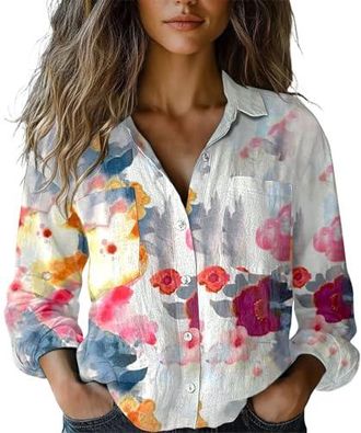 Generico Chemise Femme d&Eacute;t&eacute; D&eacute;contract&eacute;e Manches Longues Blouse Coton Et Lin Curvy Respirant Chemises Col en V L&eacute;ger Chemisier Vintage Fantaisie avec Boutons C