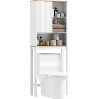 HOMCOM Meuble WC dessus de toilette - HOMCOM - porte cannel&eacute;e, compartiments et &eacute;tag&egrave;re r&eacute;glable - MDF - 65x25x170cm - blanc