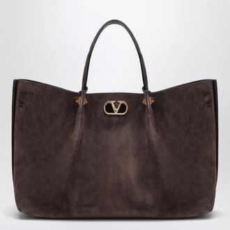 Valentino Garavani Gro&szlig;e Rockstud Shopping-Tasche aus ebenholzbraunem Veloursleder