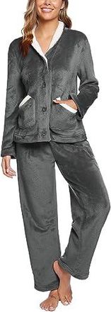 iClosam Ensemble de Pyjama Femme Hiver Pyjama Polaire Col V avec 2 Poches Pyjamas en Flanelle Vêtements de Nuit avec Haut à Manches Longues et Pantalon Long